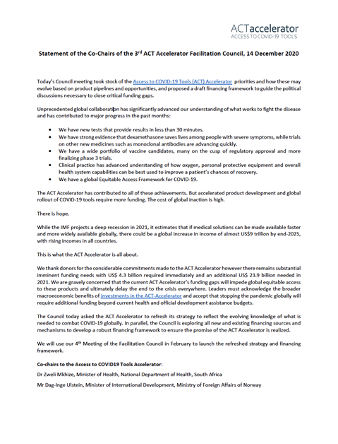 Statement of the Co-Chairs of the 3rd ACT Accelerator Facilitation Council